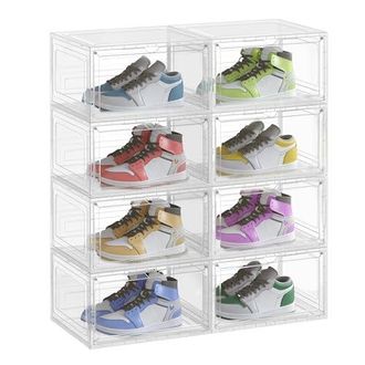 Songmics Schuhboxen 8er Set, Schuh-Organizer durchsichtig, aus Kunststoff, mit Tür, stapelbar, 33 x 28,5 x 19,2 cm, für Schuhe bis Größe 46, transparentes Weiß