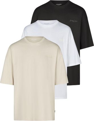 Jack & Jones Tshirt Herren Oversize Fit JJECHARGE 3er Set Pack Rundhals Kurzarm Sommer Tee Shirt Print, Gr&ouml;&szlig;e:XXL, Farbe:Pack 1 (Black/White/Moonbeam)