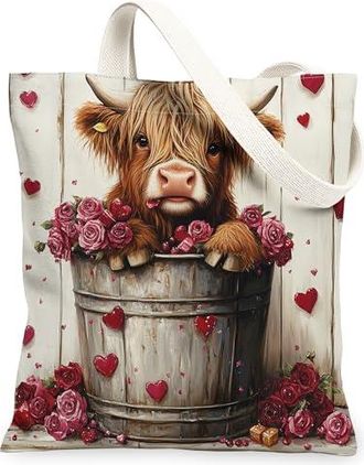 Generic Sac fourre-tout en toile motif vache Highland pour faire du shopping, 33 x 38,1 cm, sac d&eacute;picerie r&eacute;utilisable pour femme, peinture animale, d&eacute;coratio