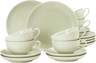 SELTMANN WEIDEN Amina Seladon Teeservice 18-teilig, Teetassen mit Untertassen (140 ml) und Brotteller (16 cm) für 6 Personen, Teegeschirr mit dezentem Relief-Muster, 