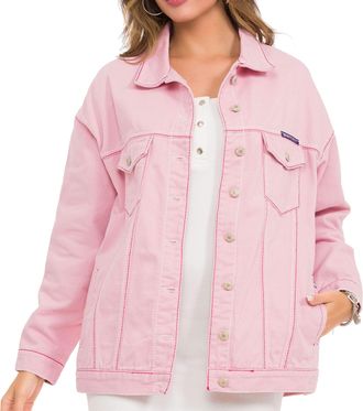 Cipo & Baxx Damen Jacke WJ211 Rosa - Klassische Jeansjacke im Modernen Casual Streetwear Look mit Knopfleiste & Brusttaschen - Vielseitige &Uuml;bergangsjacke f&uuml;r Allt