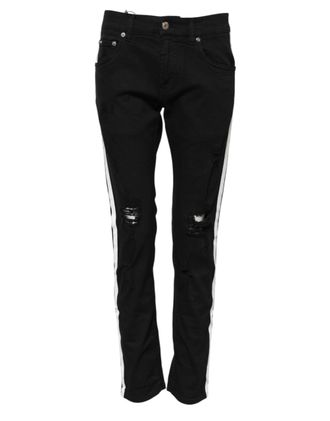 Dolce & Gabbana Mens Tattered White Side-Strip Jeans Black Cotton Elastane
