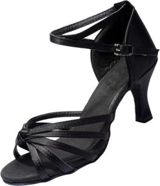 Beaupretty Chaussures de Danse Latine Femme à Talons Satinées Bride Nouée Ouverte Design Élégant pour Bal et Soirée Noir