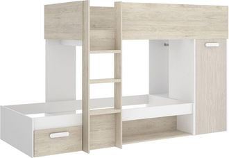 PEGANE Lit superpos&eacute; enfant coloris ch&ecirc;ne naturel, blanc, imitation lamelles, couchage 90 x190 cm - longueur 245 x profondeur 111 x hauteur 150 cm