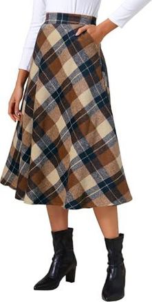 Allegra K Jupe Longue &agrave; Carreaux Femme Coupe Trap&egrave;ze Taille Haute Style Vintage avec Poches Costume de No&euml;l Kaki M