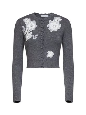 Self Portrait Floral Lace-Embroidered Wool Cardigan - Gray