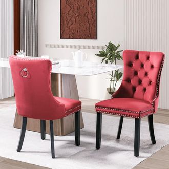 Generic Esszimmerstuhl-Set Aus Leder - Stühle Mit Hoher Rückenlehne, Knopfheftung Und Beinen Aus Massivholz(Wood-Wine Red,2)