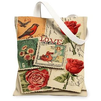 Generic Sacs fourre-tout vintage en toile &agrave; motif floral r&eacute;tro, sacs d&eacute;picerie r&eacute;utilisables, printemps romantique, l&eacute;ger, lavable, beige, 13x15 Inch