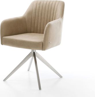 DELIFE Drehstuhl Greg-Flex Mikrofaser Beige Vintage Kreuzgestell breit Edelstahl 360° drehbar Wippfunktion Taschenfederkern, Esszimmerstühle