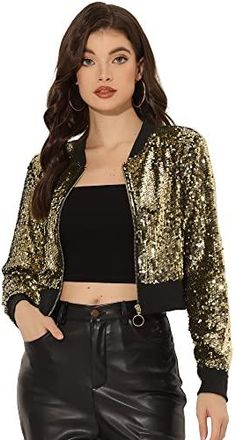 Allegra K Blouson Femme à Paillettes Veste Court Zippé Cardigan à Sequin Bomber de Fête Or noir XL