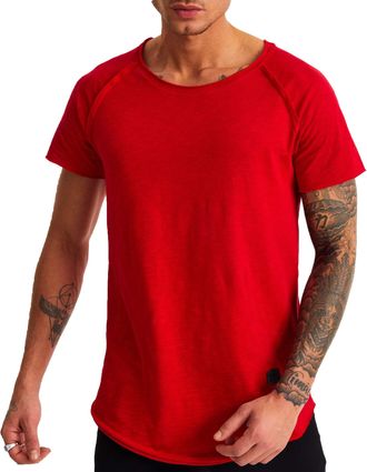 LEIF NELSON Herren Sommer T-Shirt Rundhals-Ausschnitt Slim Fit Baumwolle-Anteil Moderner M&auml;nner T-Shirt Crew Neck Hoodie-Sweatshirt Kurzarm lang LN6339 Rot Medium