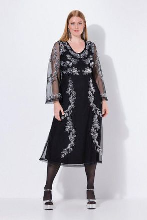 Ulla Popken Maxikleid Abendkleid Stickerei V-Ausschnitt Langarm