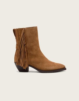 AllSaints Bazely - Ankle-Boots aus Wildleder in Hellbraun mit Fransen-Brown