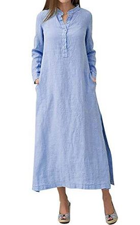 Minetom Femme Bohème Kaftan Robe Longue Maxi Lin Coton Col V Manches Longues Couleur Unie Lâche Rétro Tunique Dress Soirée Cocktail Bleu FR 38