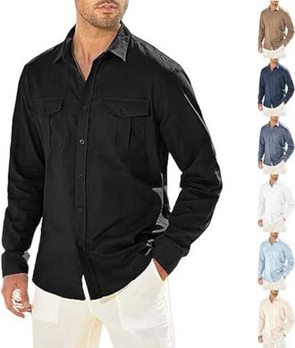 Generic Chemise &agrave; manches longues pour homme - Noir - Chemise &agrave; manches longues en coton et lin - Avec boutonni&egrave;re - Chemise daffaires - Poche poitrine - Chem