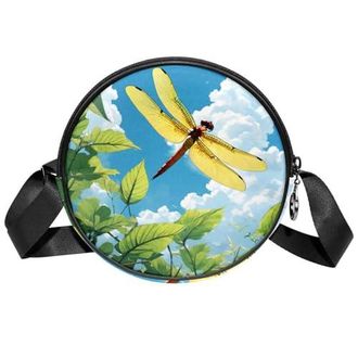 Generic Sac &agrave; bandouli&egrave;re rond pour femme, motif libellule avec fermeture &eacute;clair et bretelles r&eacute;glables