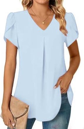 SHEKINI Chemisier Femme Chic et Élégant à Col en V Blouse Femme Été Manches Courtes Tunique Longue Mousseline Haut Top Décontracté Couleur Unie Coupe Ample