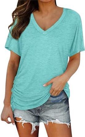 Generic Chemise unie à manches courtes pour femme - Coupe ample - Col en V - Couleur unie - Doux - Coupe ample - Vêtements dété pour femme - Pour la vie quoti