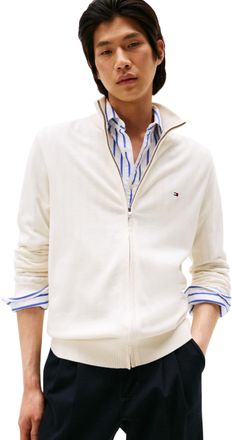 Tommy Hilfiger Herren Pullover mit Rei&szlig;verschluss Essential Cotton Zip Thru Stehkragen, Elfenbein (Ivory Petal), L