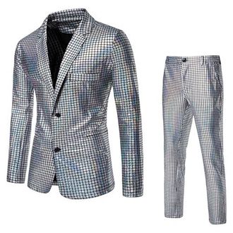 Generic Costume disco des ann&eacute;es 70 pour homme - 2 pi&egrave;ces - Veste &agrave; paillettes - Coupe r&eacute;guli&egrave;re - Brillant - Pour f&ecirc;te, bal de fin dann&eacute;e, argent&eacute;, XXL