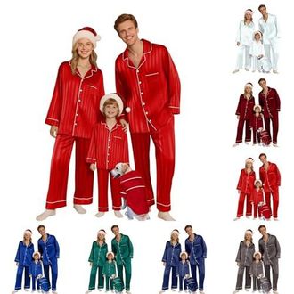 Generic Pyjama de No&euml;l assorti pour la famille avec col &agrave; revers et pantalon &agrave; manches longues en satin de soie, Rouge, 13-14 Years