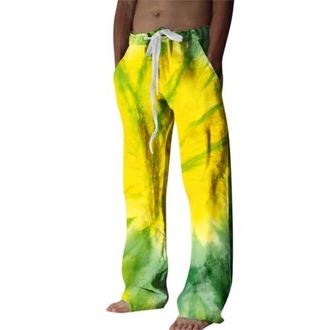 Generic Pantalon en coton et lin pour homme - Pantalon de plage imprim&eacute; tie-dye - Pantalon d&eacute;contract&eacute; d&eacute;t&eacute; d&eacute;contract&eacute; - Taille &eacute;lastique - Pantalon ample av