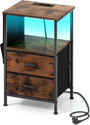 Giantex Nachttisch mit Ladestation, Beistelltisch mit einstellbarem LED-Licht, Nachtschrank mit 2 Steckdosen & 2 USB-Anschl&uuml;ssen, Nachtkommode mit 2 faltbaren