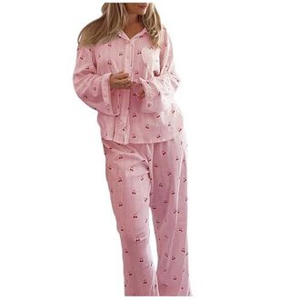 Generic Pyjama long pour femmes, cadeau de Saint-Valentin, ensemble de v&ecirc;tements de nuit, v&ecirc;tements de nuit, col rabattable, v&ecirc;tements de d&eacute;tente, pyjama mign