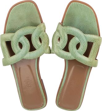 Herm&egrave;s Sandalen - Hermes Green Lizard Leather Omaha Aloha Sandals (3 - Gr. ONE_SIZE - in Gr&uuml;n - f&uuml;r Damen