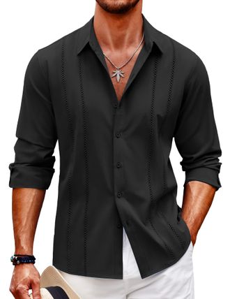 Coofandy Hemd Herren Langarm Sommerhemd Casual Freizeithemd Leinenhemd Regular Fit Strand Shirts Schwarz XXL
