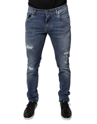 Dolce & Gabbana Mens Blue Tattered Cotton Stretch Skinny Denim Jeans Elastane Clothing