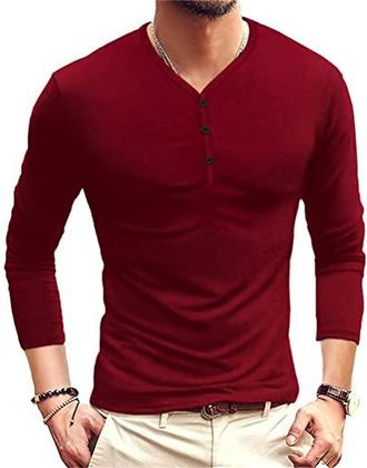 ORANDESIGNE Homme T-Shirt à Manches Longues Coupe Slim Henley T-Shirt Décontractée Col en V Maillots de Corps Tee Shirt Basiques E Vin Rouge L