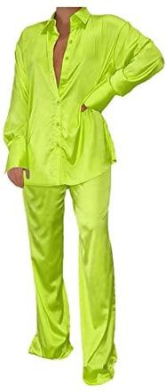 Generic 2026 Femme Ensemble 2 Pi&egrave;ces Costume Satin Bouton Manches Longues Chemisier Blouse + Pantalon Ensemble de Pyjama Jogging Yoga Outfits