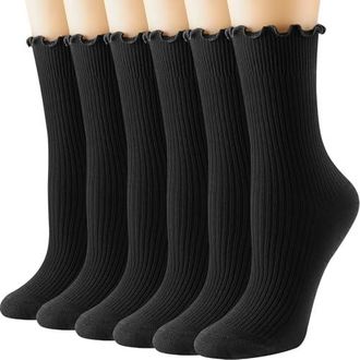 Dreshow 6 Paires Chaussettes &agrave; Volant Femme - Chaussettes de Cheville D&eacute;contract&eacute;es en Coton Tricot&eacute;es Respirantes