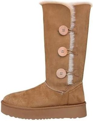 Generic JJDFW Chaussures pour femme mi-mollet Bottes de neige chaudes pour femme Boutons Bout rond Plat avec plateforme Chaussures dext&eacute;rieur pour femme, kaki