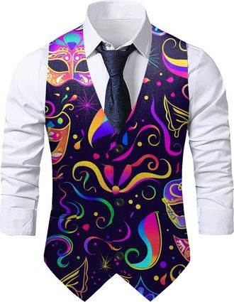 Generic Anzugweste Herren &Auml;rmellose Gilet M&auml;nner Weste Gilet Casual Bunt Anzug Weste mit Karnevalsmuster Leichte Jackett Slim Anzug Karneval Kost&uuml;m f&uuml;r Hochze