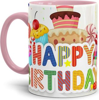 Tassendruck Tasse für Kinder Geburtstag Happy Birthday Cake - Kaffeetasse Innen und Henkel Rosa/Mug/Cup - Qualität Made in Germany