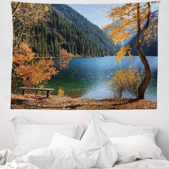 Abakuhaus Fallen Wandteppich, Lake Forest Autumn Tree aus Weiches Mikrofaser Stoff Waschbar ohne Verblassen Digitaldruck, 150 x 110 cm, Orange Grün