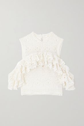 Chlo&eacute; Schulterfreies Oberteil Aus Einer Mischung Aus Leinen, Kaschmir Und Seide In Lochstrick Mit R&uuml;schen - Wei&szlig;