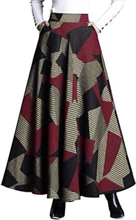 Minetom Jupe Tartan Plaid Longue Plissée Femme Vintage A-Ligne Haute Maxi Jupes avec Poches Swing Jupe Évasée Automne Hiver H Rouge M