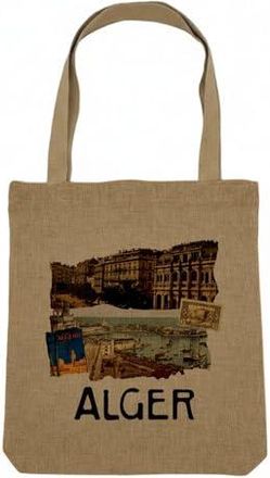 Fabulous Sac Shopping Tote Bag Aspect Lin - Alger Collage Voyage Tourisme Carte Postale - Sac de Courses Toile Epaisse 360g Beige Naturel Cabas Port&eacute; Epaule So
