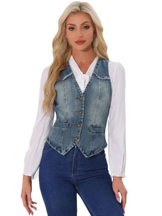 Allegra K Damen Jeansweste &Auml;rmellos Verwaschene Distressed Kragenlose Gilet Denim Jacke Grau Blau S