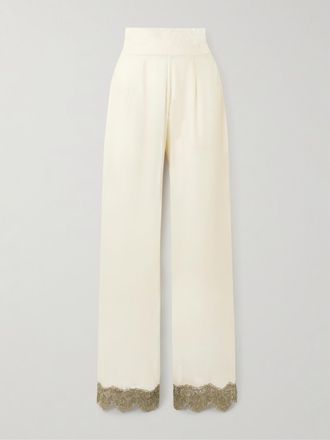 Loretta Caponi Ada Hose Mit Geradem Bein Aus Samt Mit Tüllbesatz - Creme