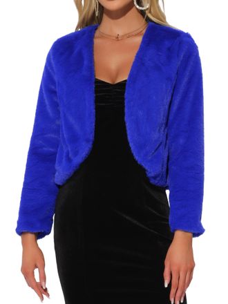 Allegra K Damen Bolero Langarm Braut Winterjacke Kurz Geschnittene Offenem Fell Kunstpelz Hochzeits Mantel K&ouml;nigsblau XL