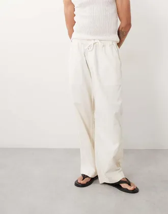 Abercrombie & Fitch Pantalon baggy en cr&eacute;pon ray&eacute; riche en coton - Cr&egrave;me-Neutral