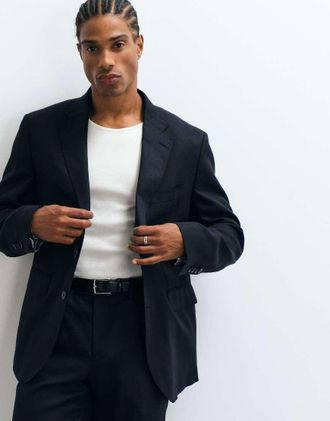 Mango blazer de costume slim fit en m&eacute;lange de lin coordonn&eacute; bleu marine