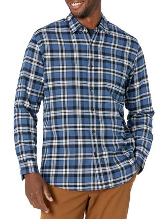 Amazon Essentials Herren Langarmhemd aus Flanell (in &Uuml;bergr&ouml;&szlig;e erh&auml;ltlich), Blau Wei&szlig; Karomuster, L