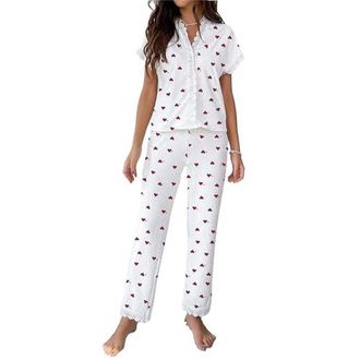 Generic Ensemble Pyjama Femme Deux Pièces Détente Col V Manches Courtes Imprimé Coupe Large Dentelle Tenue de Nuit