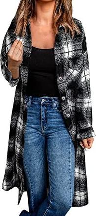 Generic Vestes pour femmes 2026 en flanelle &agrave; carreaux l&eacute;gers et fins, manches raglan, manches raglan, boutonn&eacute;es sur la poitrine, manteaux &agrave; poches, Noir, 3X