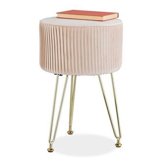 Relaxdays Tabouret en Velours, matelassé, Pieds en épingle, H x D : 45 x 29 cm, Rond, Salon, Chambre, Beige/doré